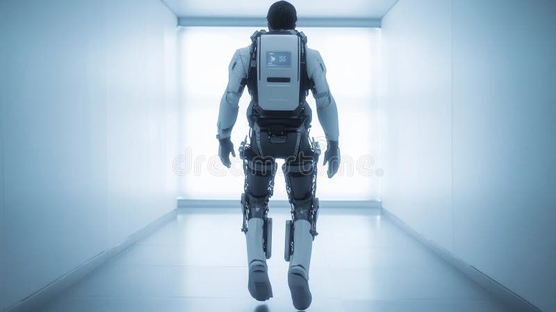 Futuristic Humanoid Robot Walking through a High-tech Corridor in a ...