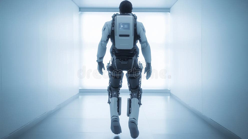 Futuristic Humanoid Robot Walking through a High-tech Corridor in a ...