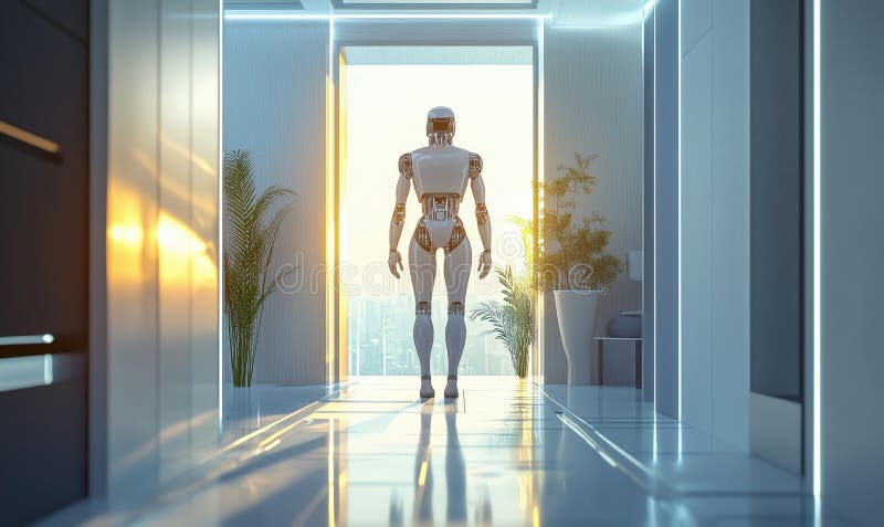 Futuristic Humanoid Robot Walking in Modern Hallway with Sunset View and Greenery Stock Photo ...