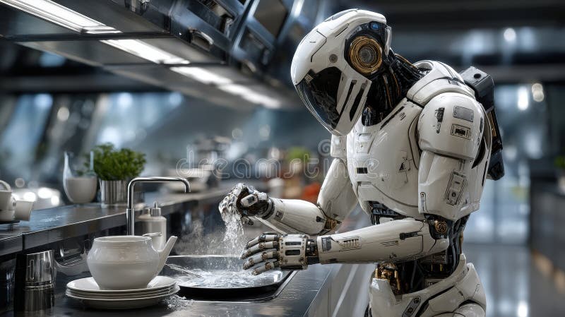 Futuristic Humanoid Robot Washing Dishes in a Modern Kitchen ...