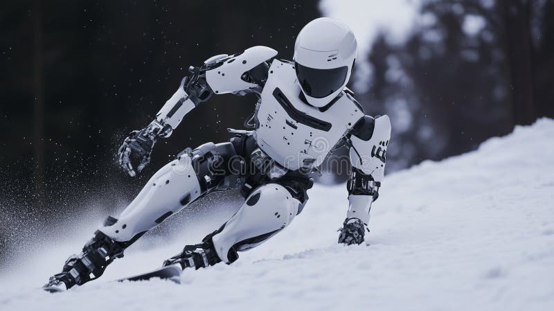 Futuristic Humanoid Robot Wearing a Helmet and Skiing Down a Snowy ...
