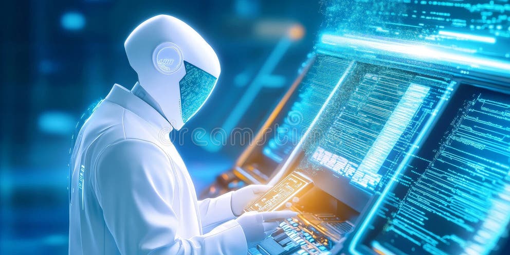 Futuristic Humanoid Robot Working on Advanced Cybersecurity Systems in ...