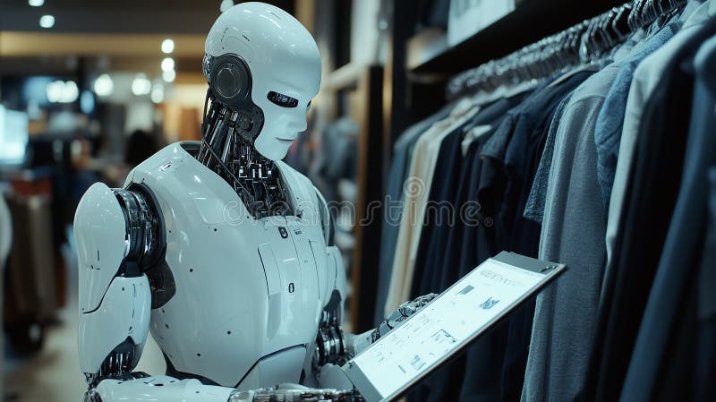 Futuristic Humanoid Robot Working As a Retail Employee, Managing ...