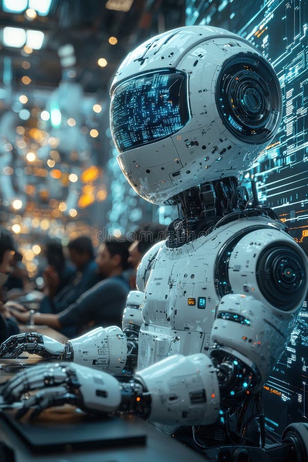 Futuristic Humanoid Robot Working in a Bustling Tech Environment Stock ...