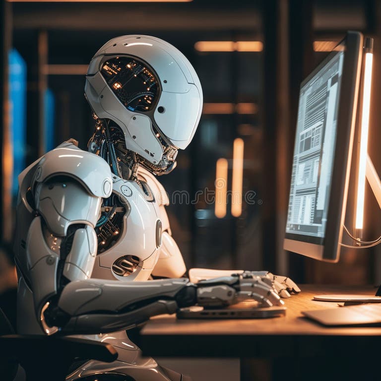 Futuristic Humanoid Robot Working at a Desk in a Modern Office ...