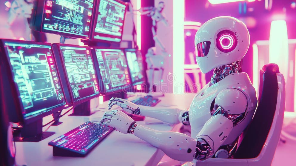 Futuristic Humanoid Robot Working at High-tech Computer Workstation ...