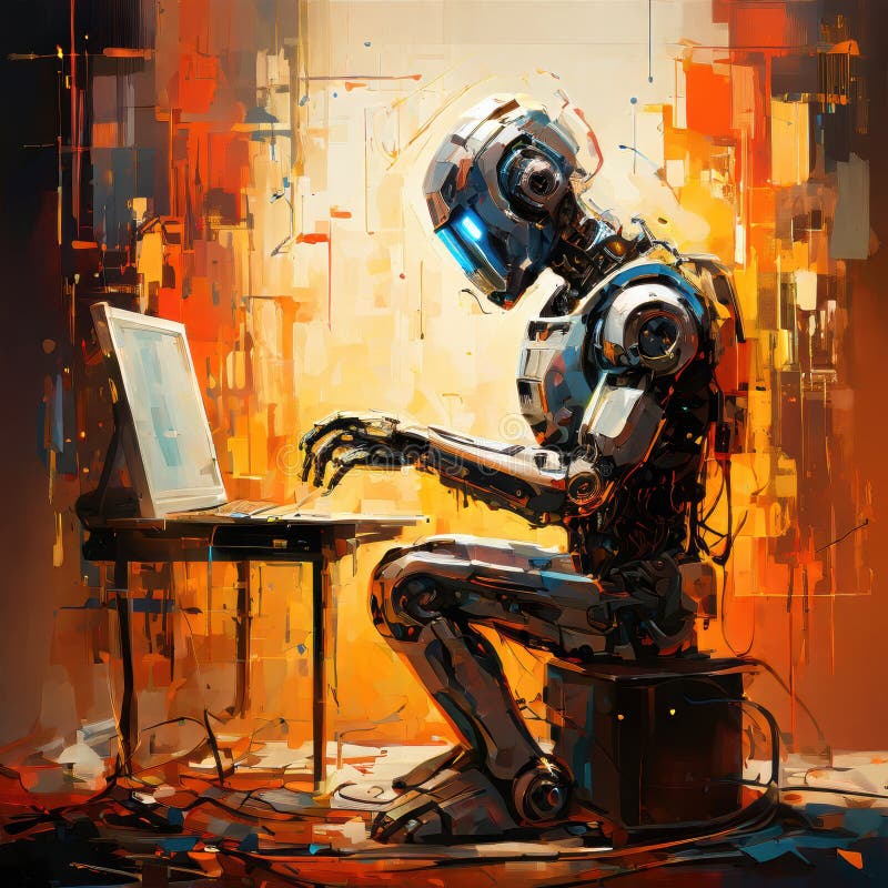 Futuristic Humanoid Robot Working on a Laptop Stock Photo - Image of ...