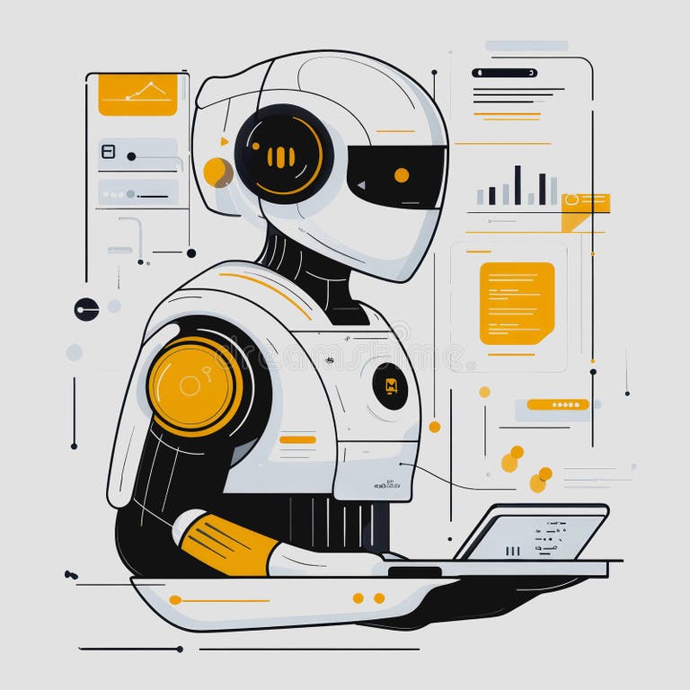 Futuristic Humanoid Robot Working on a Laptop in a Modern Digital Environment with Data ...