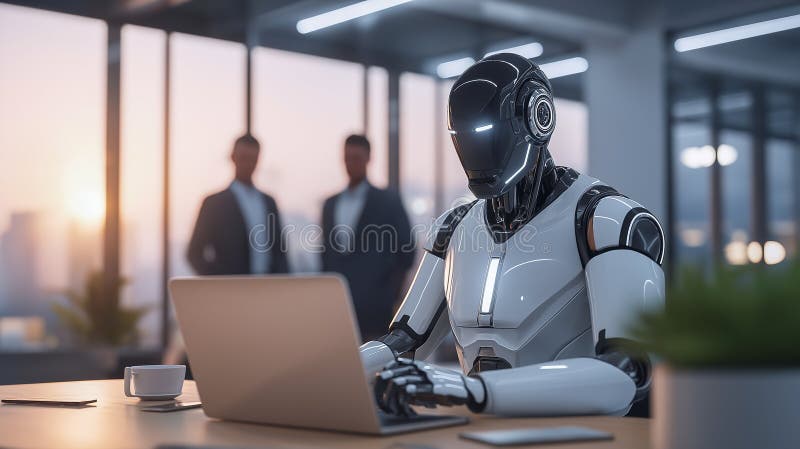 Futuristic Humanoid Robot Working on Laptop in Modern Office Environment, with Blurred ...