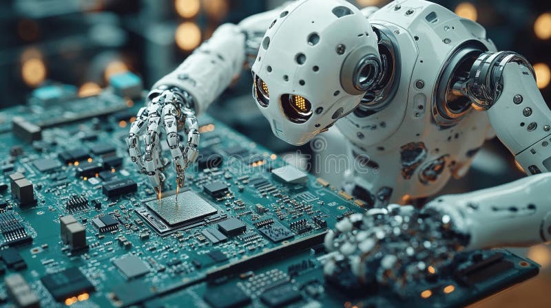 A Futuristic Humanoid Robot Working Meticulously on a Circuit Board ...