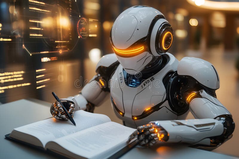 A Futuristic Humanoid Robot Writes in a Book Stock Illustration ...