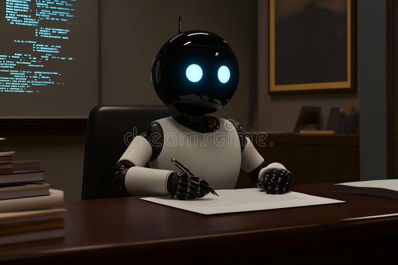 A Futuristic Humanoid Robot Writes in a Book Stock Illustration ...