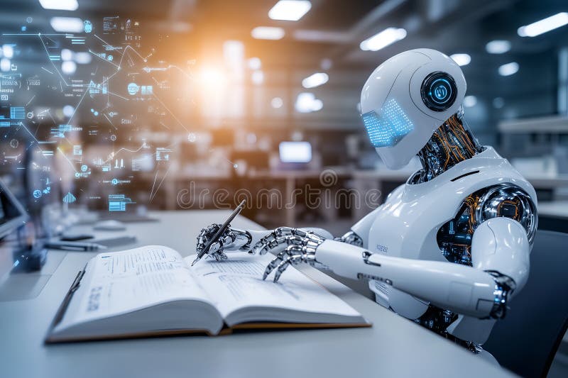 Robot Humanoid Writing on a Book. Futuristic Concept Stock Illustration ...