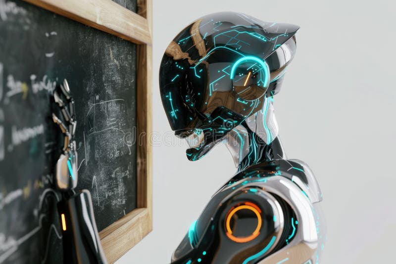 Futuristic Humanoid Robot Writing Equations on Chalkboard in Modern ...