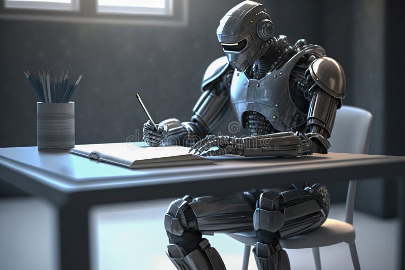 Futuristic Humanoid Robot Writing with a Pen, ChatGPT Bot Answering ...