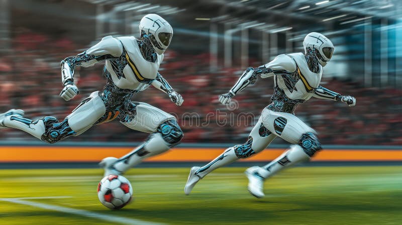 Futuristic Humanoid Robots Compete in an Intense Soccer Match in a High ...