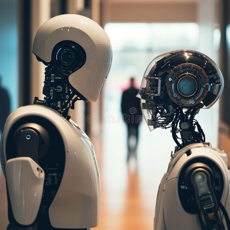 Futuristic Humanoid Robots Engage in a Nuanced Conversation in a Modern ...