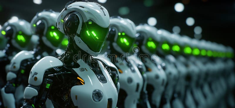 Futuristic Humanoid Robots with Glowing Green Eyes in a High-tech ...