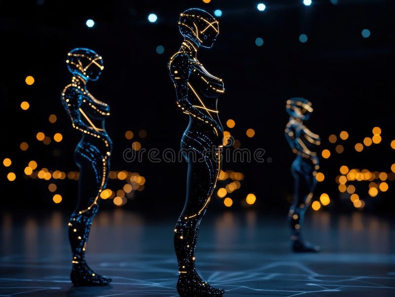 Futuristic Humanoid Robots with Glowing Lines Standing in a Modern ...