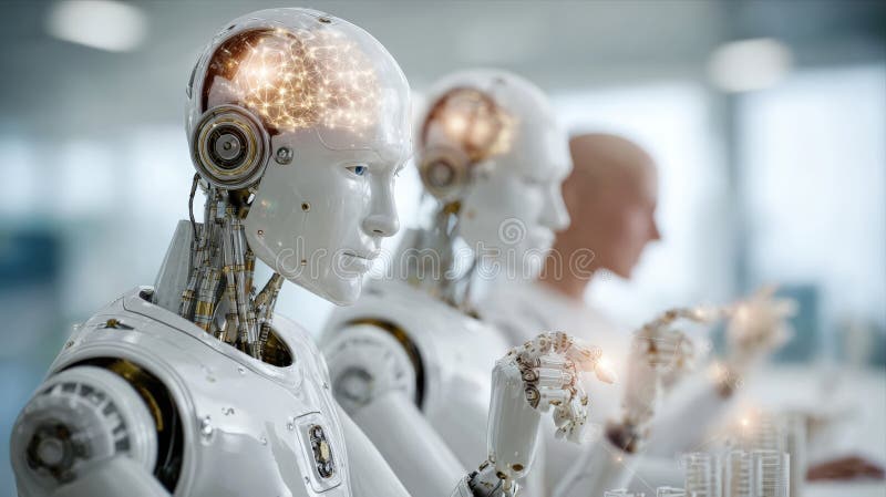 Futuristic Humanoid Robots with Glowing Neural Networks Engage in a ...