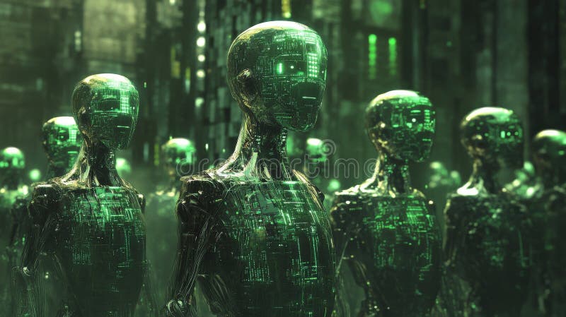 Futuristic Humanoid Robots in a High-tech Green Environment Stock Image ...