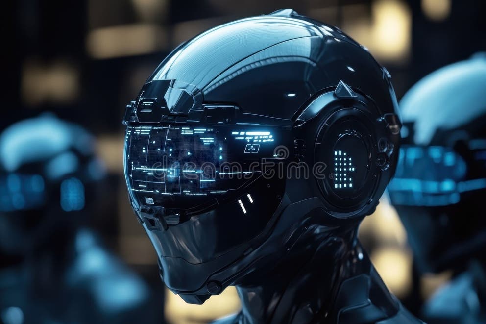 Futuristic Humanoid Robots with High-tech Helmets Showcase Advanced ...