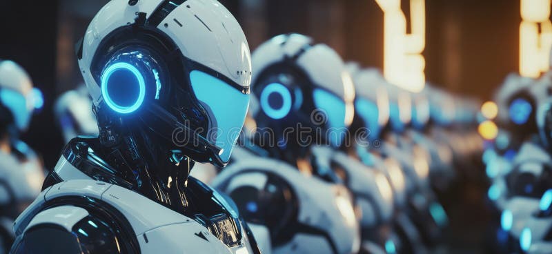 Futuristic Humanoid Robots Lined Up in a High-tech Environment ...