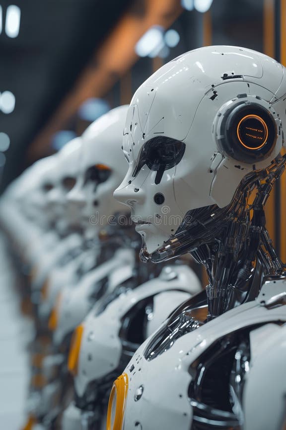 Futuristic Humanoid Robots Lined Up in a High-tech Facility Showcasing ...