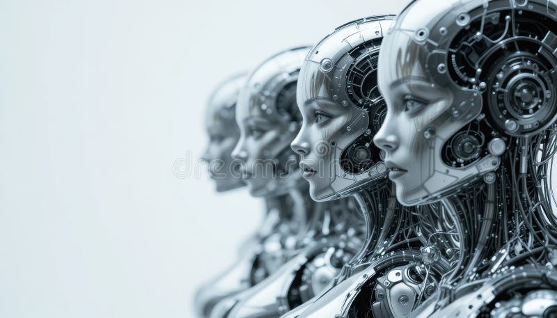 Futuristic Humanoid Robots Lined Up in Profile Showcasing Advanced ...