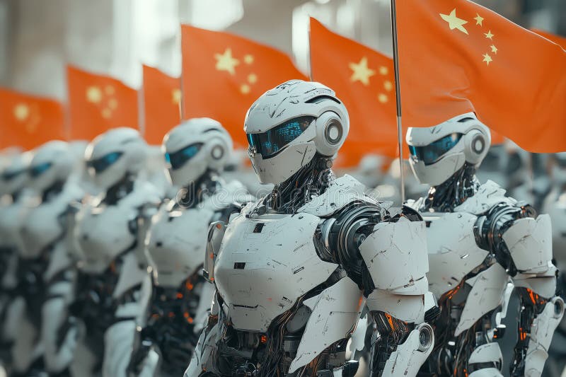 Futuristic Humanoid Robots Parade in a High-tech Environment with Flags ...