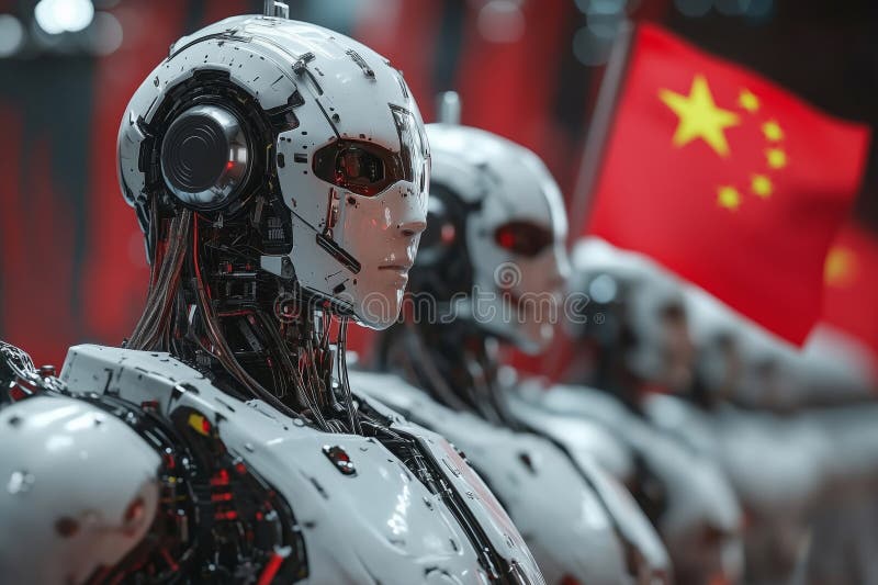 Futuristic Humanoid Robots Parade in a High-tech Environment with Flags ...