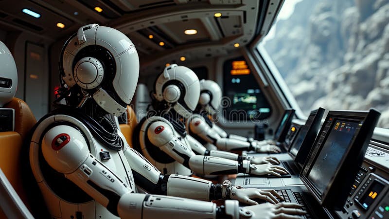 Futuristic Humanoid Robots with Sleek White Exoskeletons Operating ...