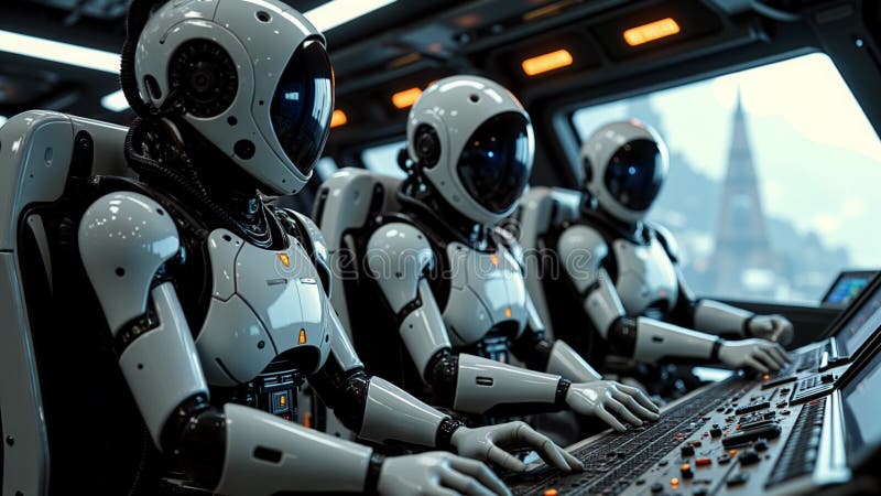 Futuristic Humanoid Robots with Sleek White Exoskeletons Operating ...