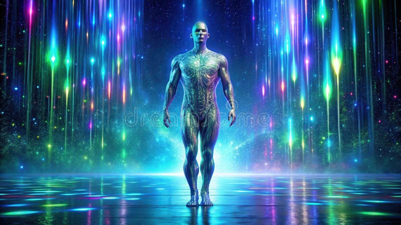 A Futuristic Humanoid Stands in a Realm of Vibrant Light Beams and ...