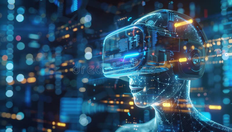 A Futuristic Humanoid with a Virtual Reality Headset Immersed in a ...