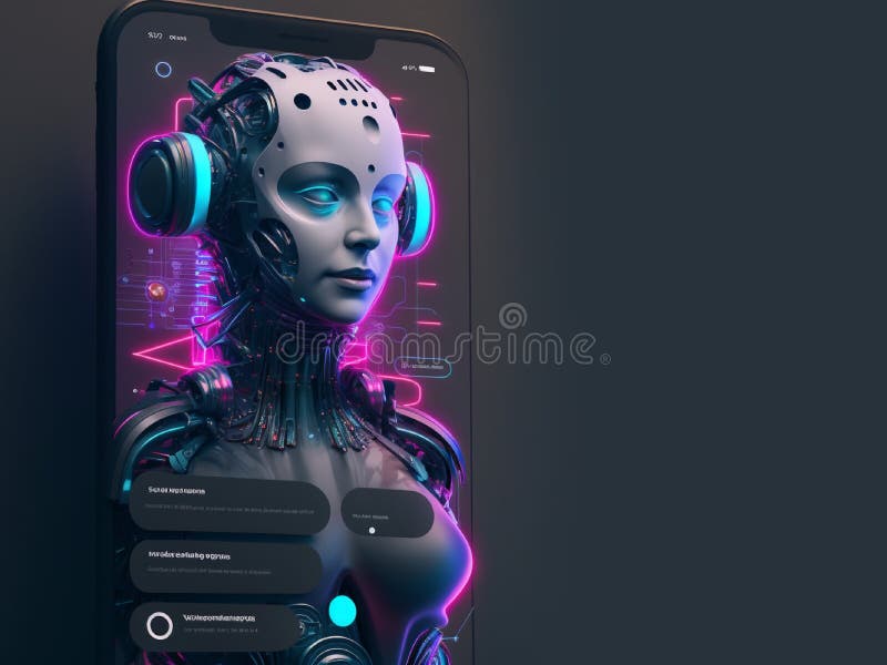 Futuristic Humanoid Woman Robot in Screen of Smartphone. Concept of ...