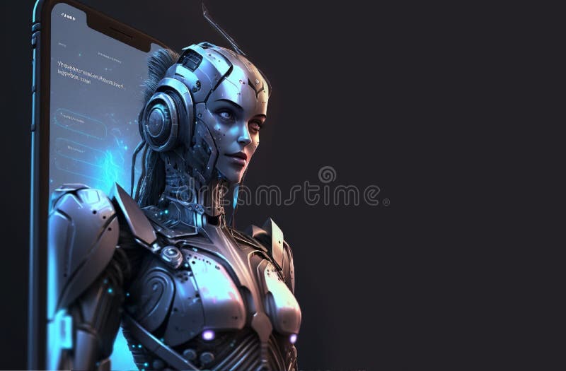 Futuristic Humanoid Woman Robot in Screen of Smartphone. Concept of ...