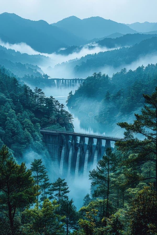 Futuristic Hydroelectric Dam Surrounded by Misty Mountains and Lush ...