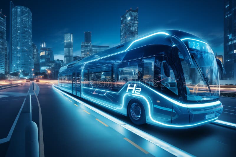Futuristic Hydrogen Fuel Cell Bus Concept Stock Photo - Image of public ...