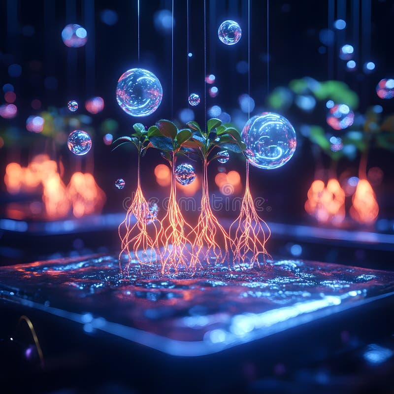 Futuristic Hydroponic Farm with Floating Water Droplets Glowing Roots and Oxygen Bubbles Stock ...