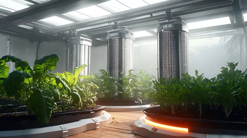 Futuristic Hydroponic Farm with Plants Growing in Circular Containers ...
