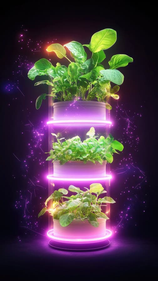Futuristic Hydroponic Tower with Glowing Neon Lights and Lush Green ...