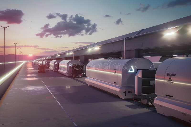 Futuristic Hyperloop Cargo Facility at Sunset with Sleek Transport Pods ...