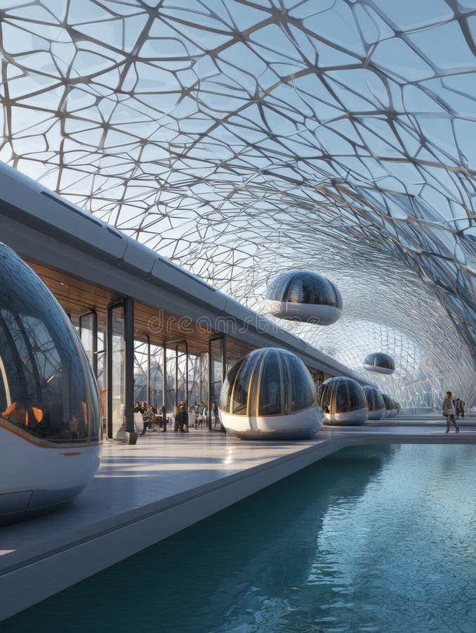 Futuristic Hyperloop Station Featuring Floating Transportation Pods and Sleek Architectural ...