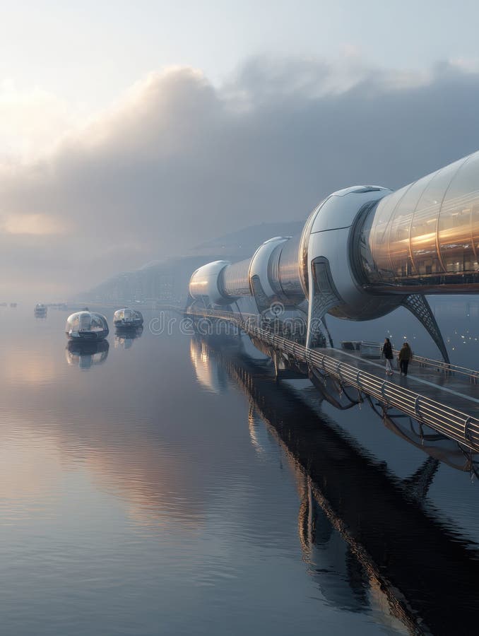 Futuristic Hyperloop Station with Floating Pods at Dawn on a Calm ...
