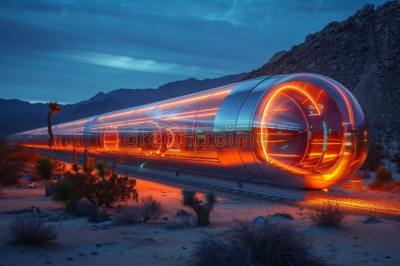 Futuristic Hyperloop Train in Desert Landscape at Dusk Stock Photo ...