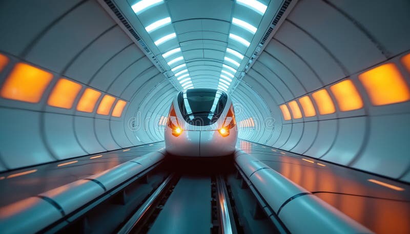 Futuristic Hyperloop Train Moves through Illuminated Underground Tunnel. Advanced Maglev ...