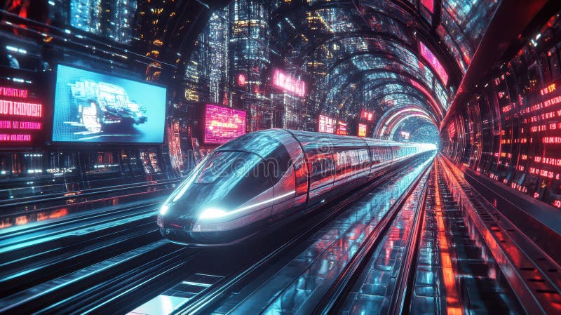 Futuristic Hyperloop Train in Neon City Tunnel Stock Image - Image of ...