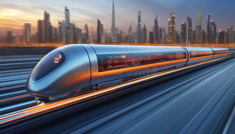 Futuristic Hyperloop Train Races through City Skyline, Transportation ...