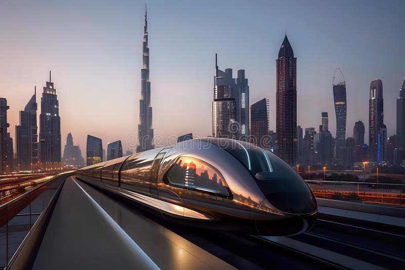 Futuristic Hyperloop Train Speeds through a Modern Metropolis at Dusk ...